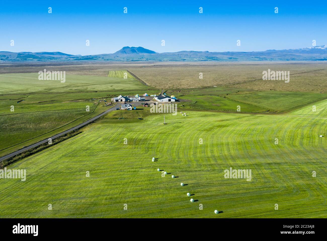 Aerial view of round hay bales Stock Photo - Alamy