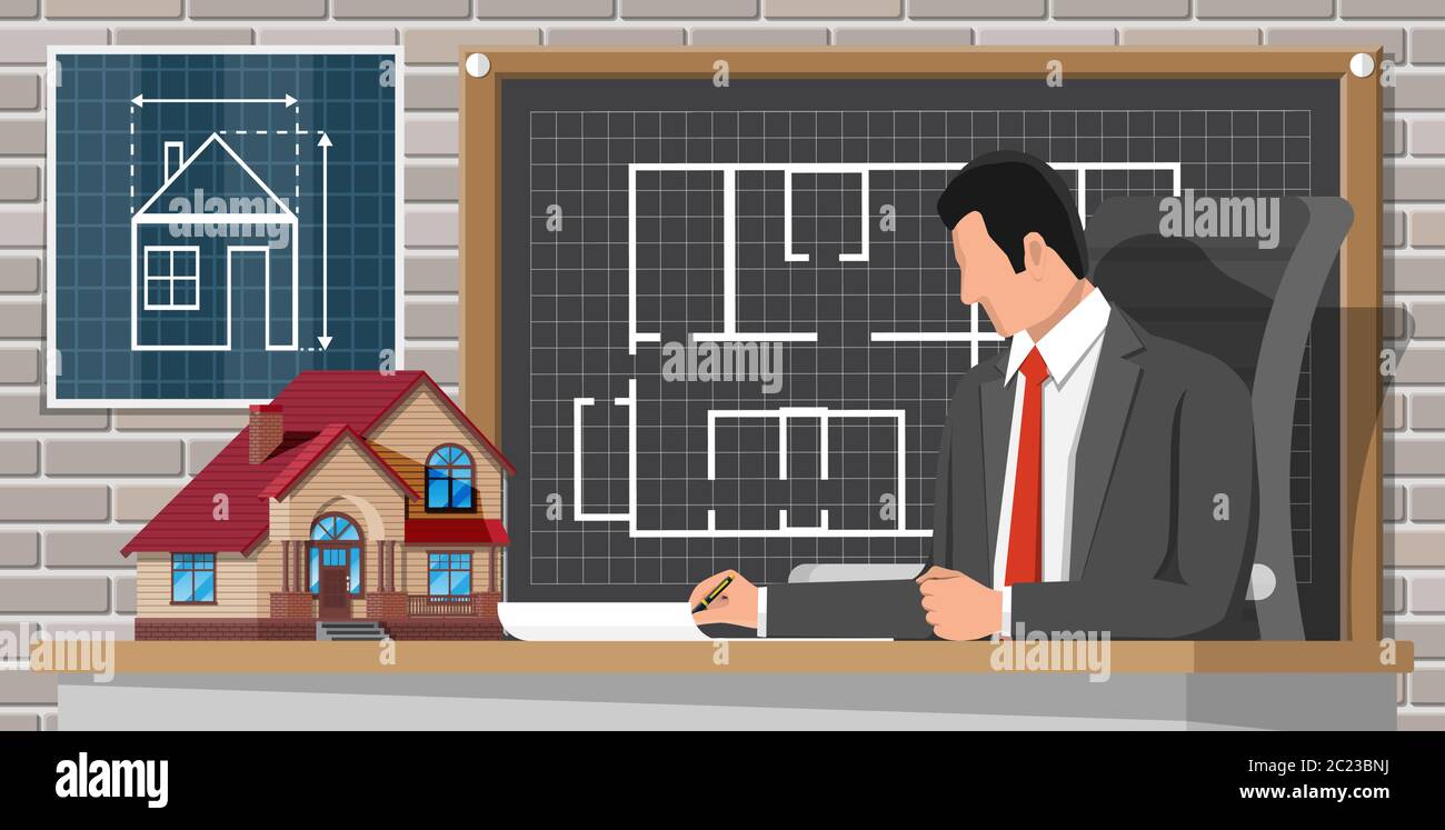 Architect create building project in office interior. House ...