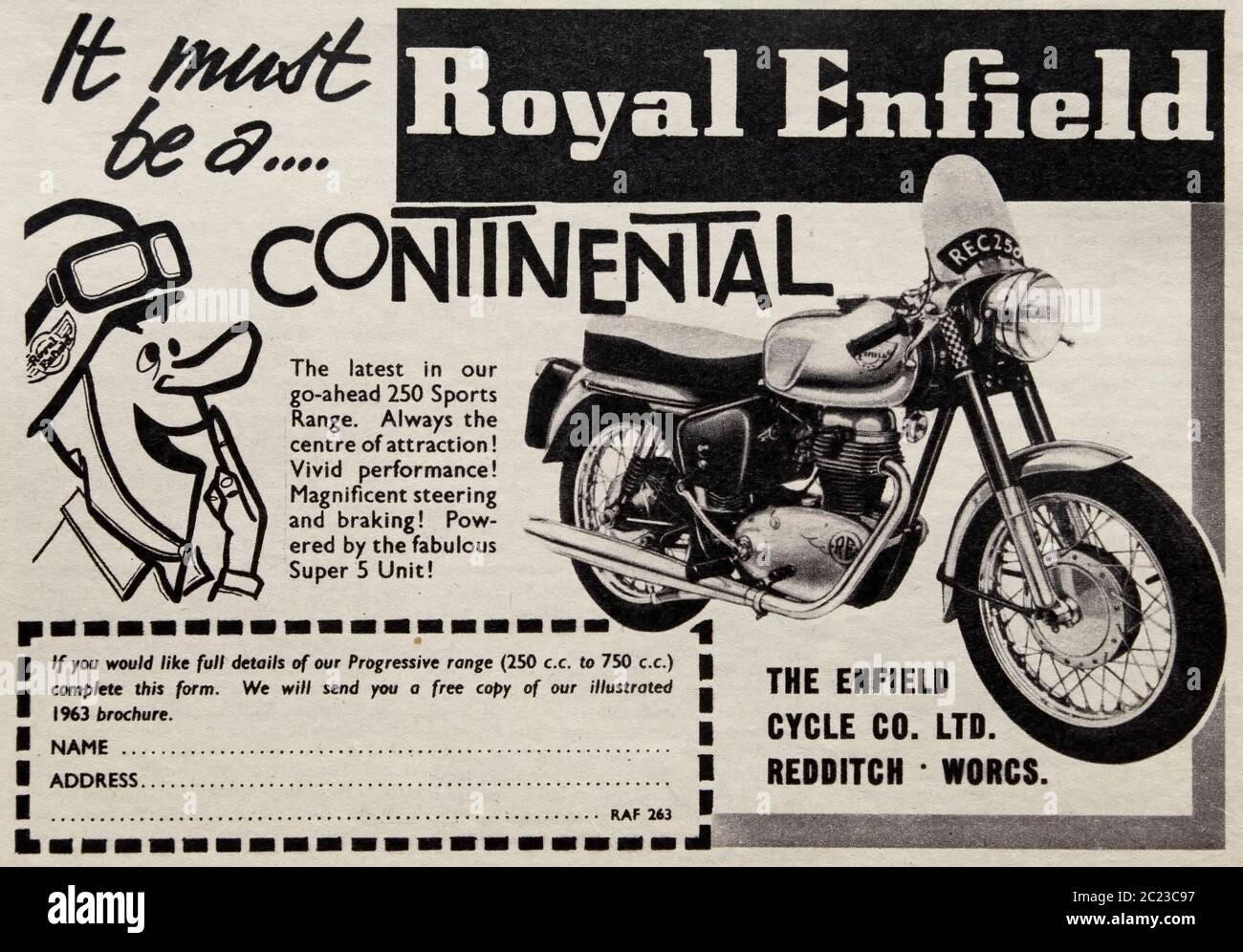Vintage advertisement for the British Royal Enfield Continental 250cc motorcycle Stock Photo - Alamy
