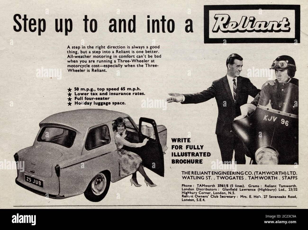 Vintage advertisement for the British Reliant three wheeled saloon cars ...