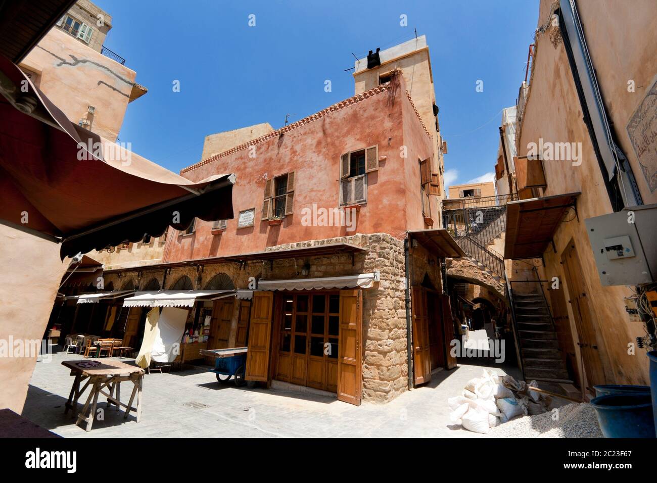 Old city downtown ancient streets perspective view in Saida, Lebanon ...