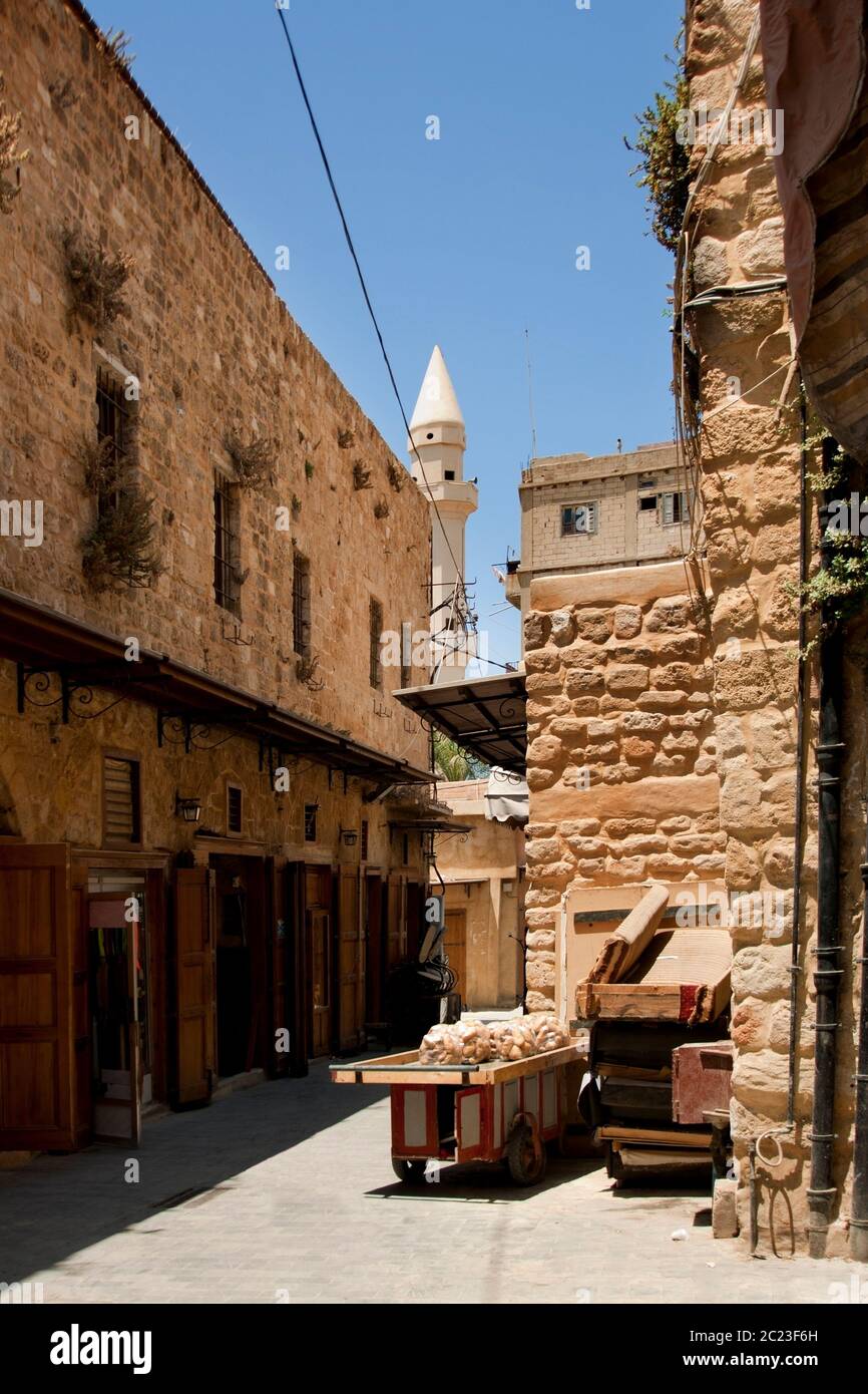 Old city downtown ancient streets perspective view in Saida, Lebanon ...