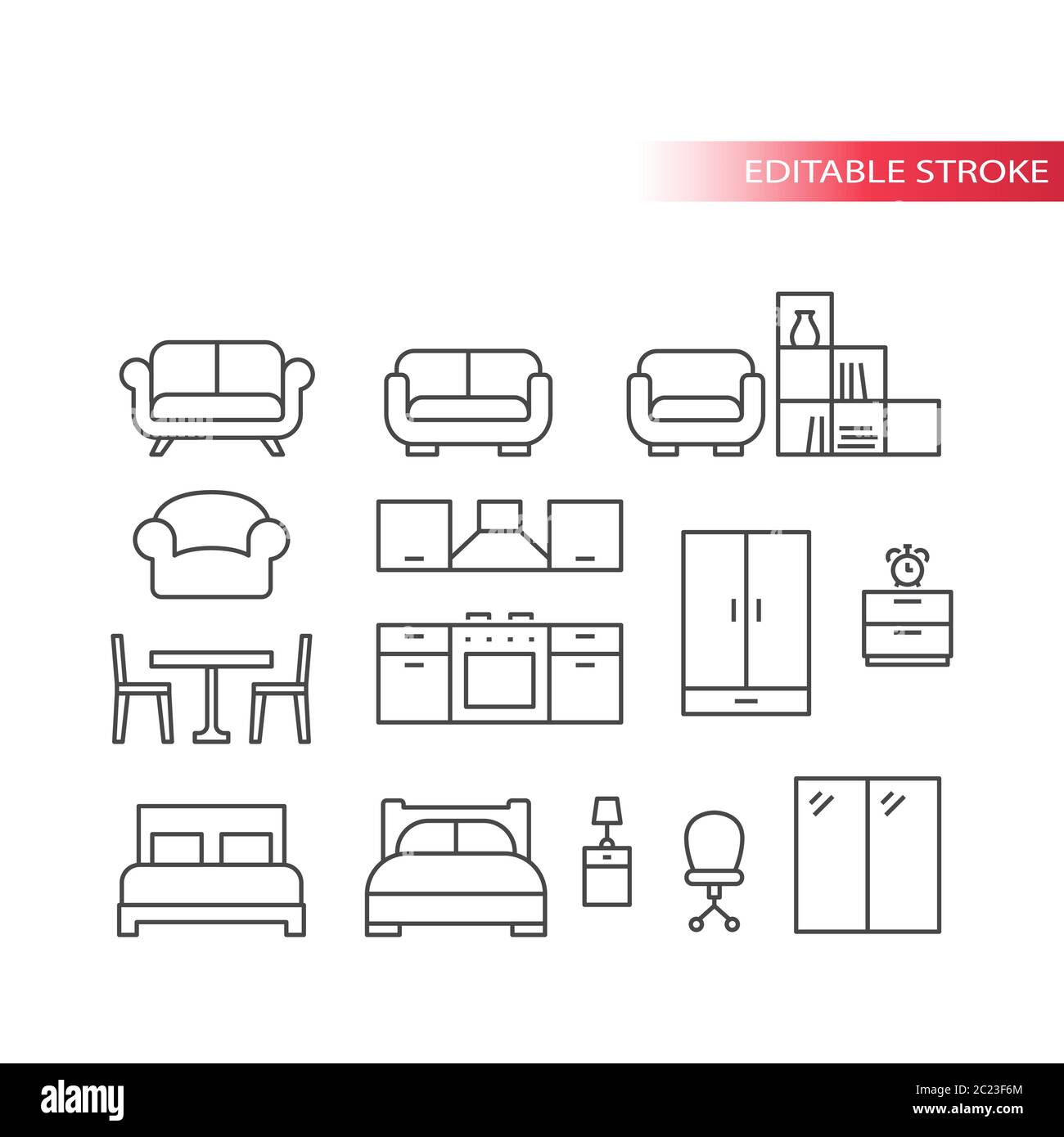 Furniture, home interior thin line vector icons. Bed, kitchen table ...