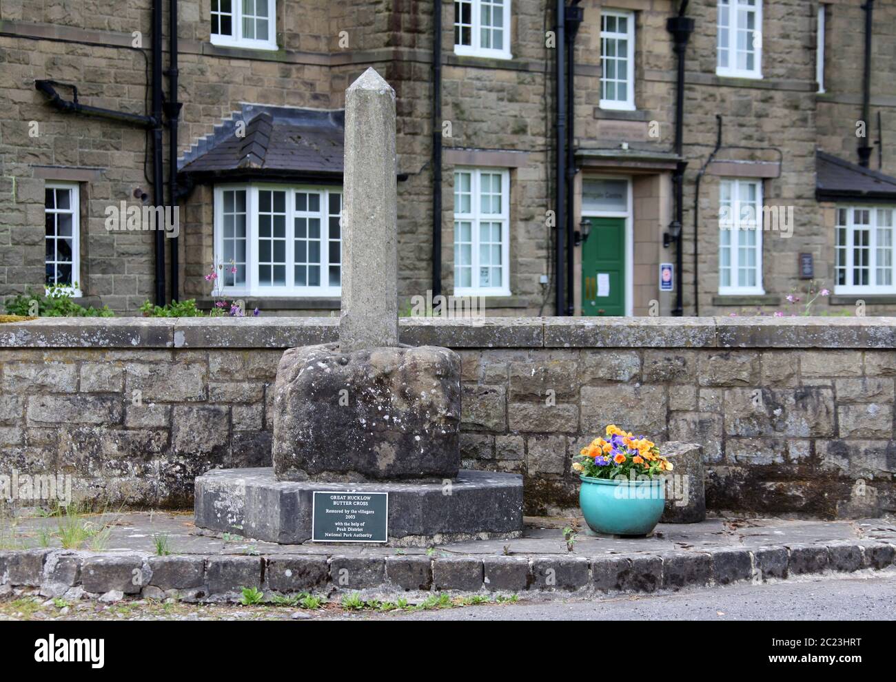 Restored butter cross in the Derbyshire village of Great Hucklow Stock ...