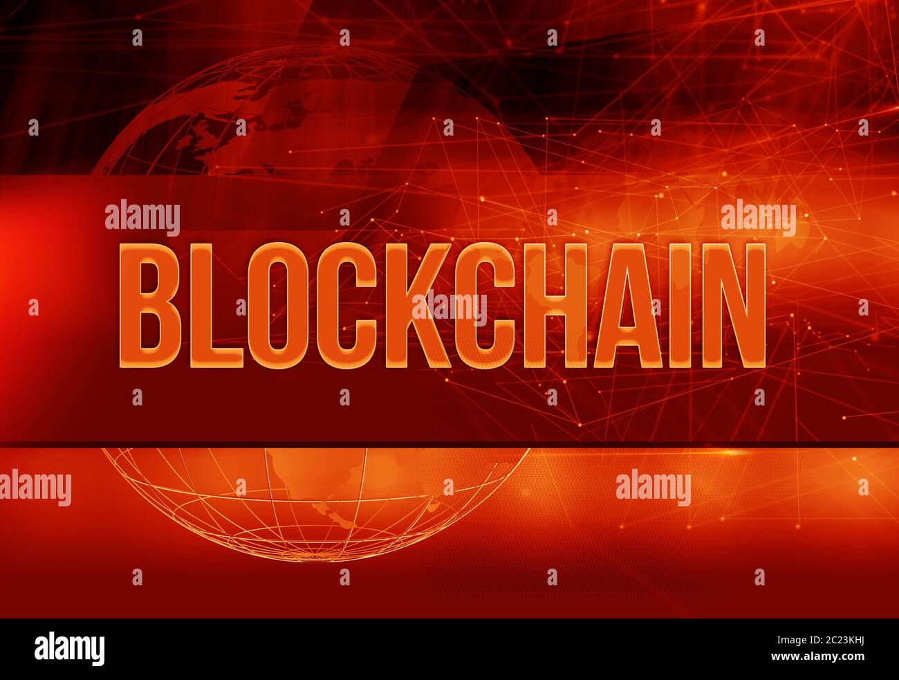 Graphical blockchain red theme background with connection lines. Global ...