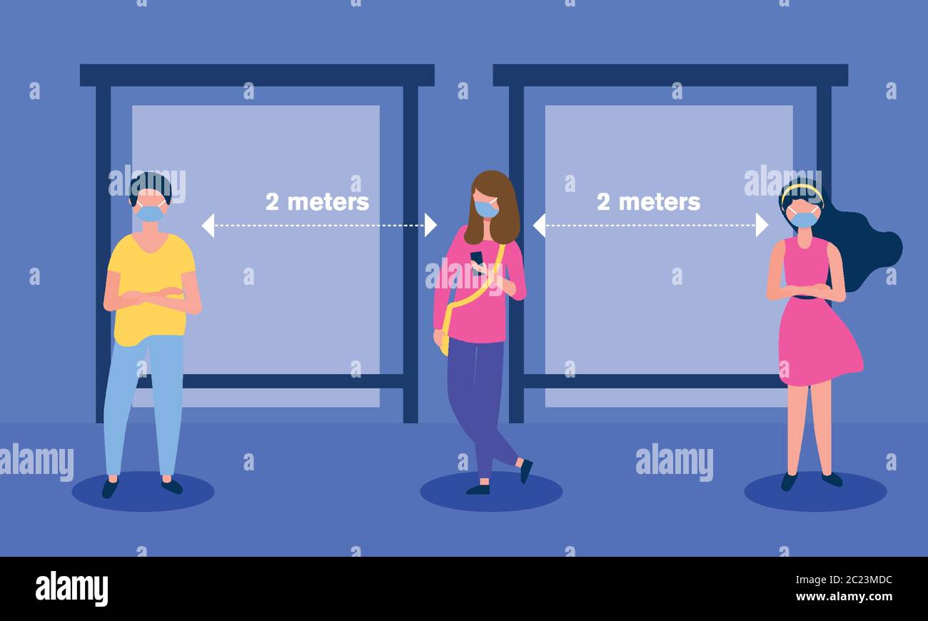 Social distancing between boy and girls with masks at bus station ...