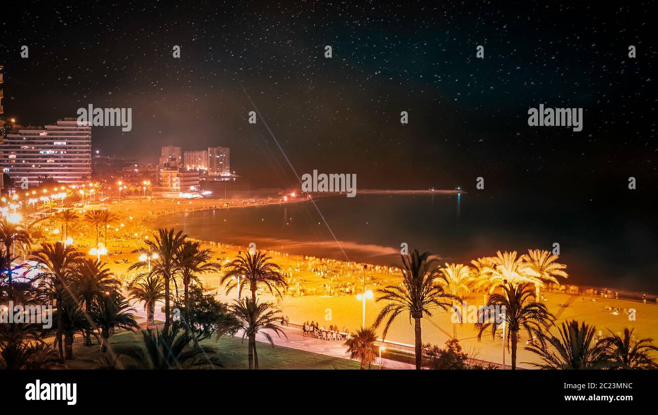 Bonfires festival on the beach of Mediterranean Sea in Valencia, Spain ...