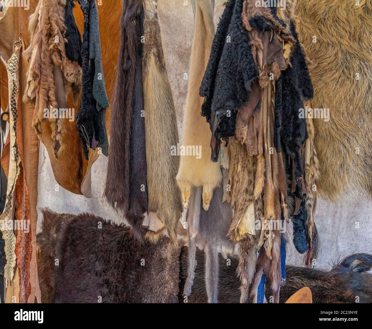 various hanging fur and leather pieces seen at a medieval market Stock ...