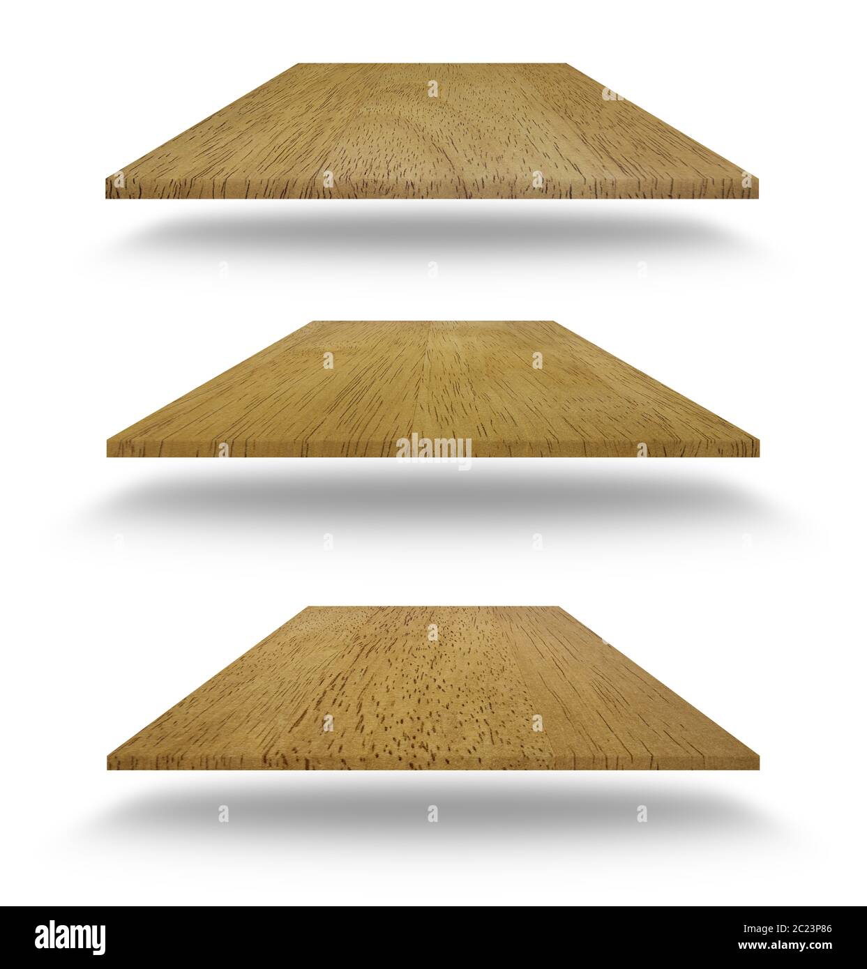set of empty wooden shelves isolated on white background Stock Photo ...