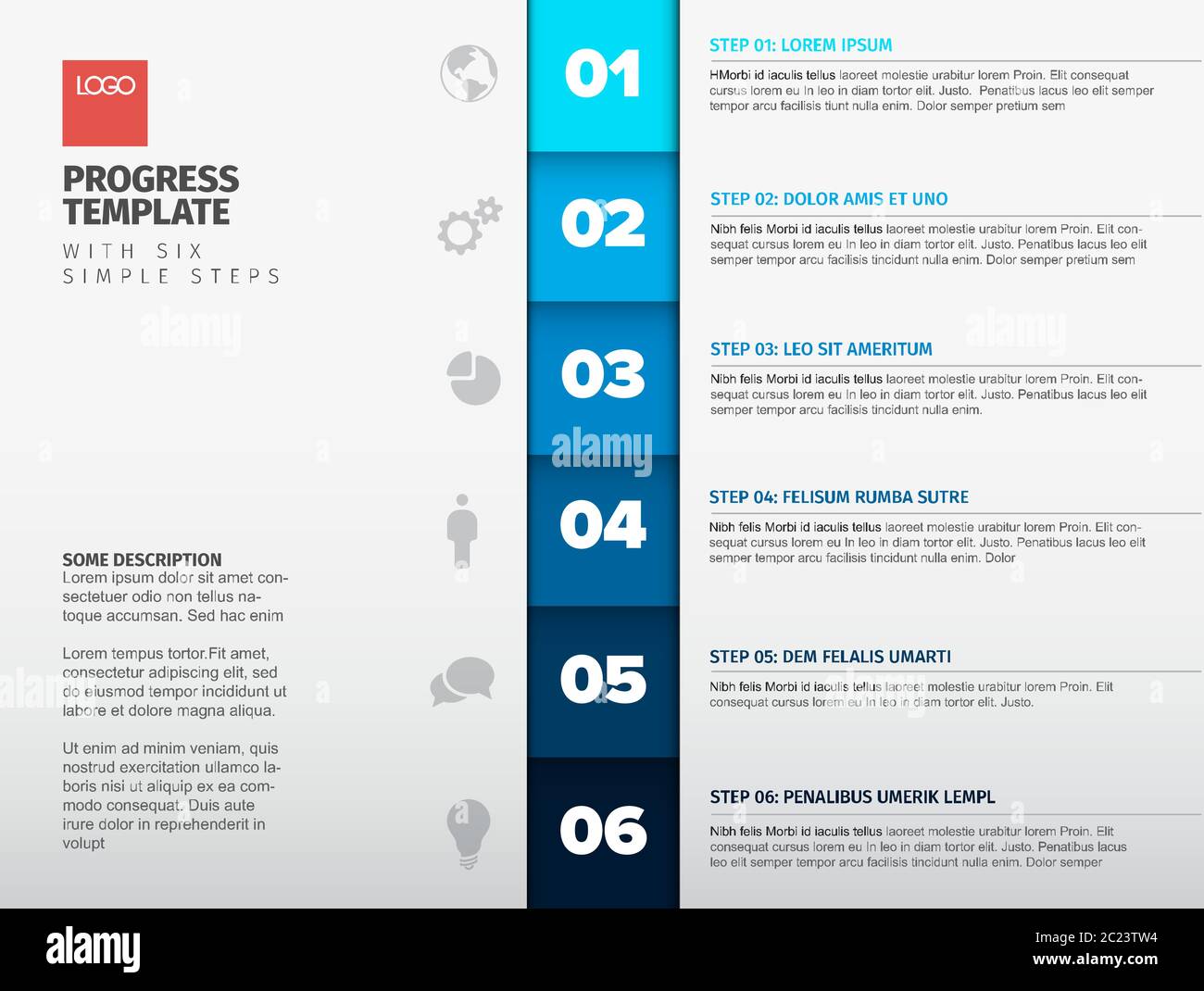 Vector progress template with six steps, descriptions and icons ...