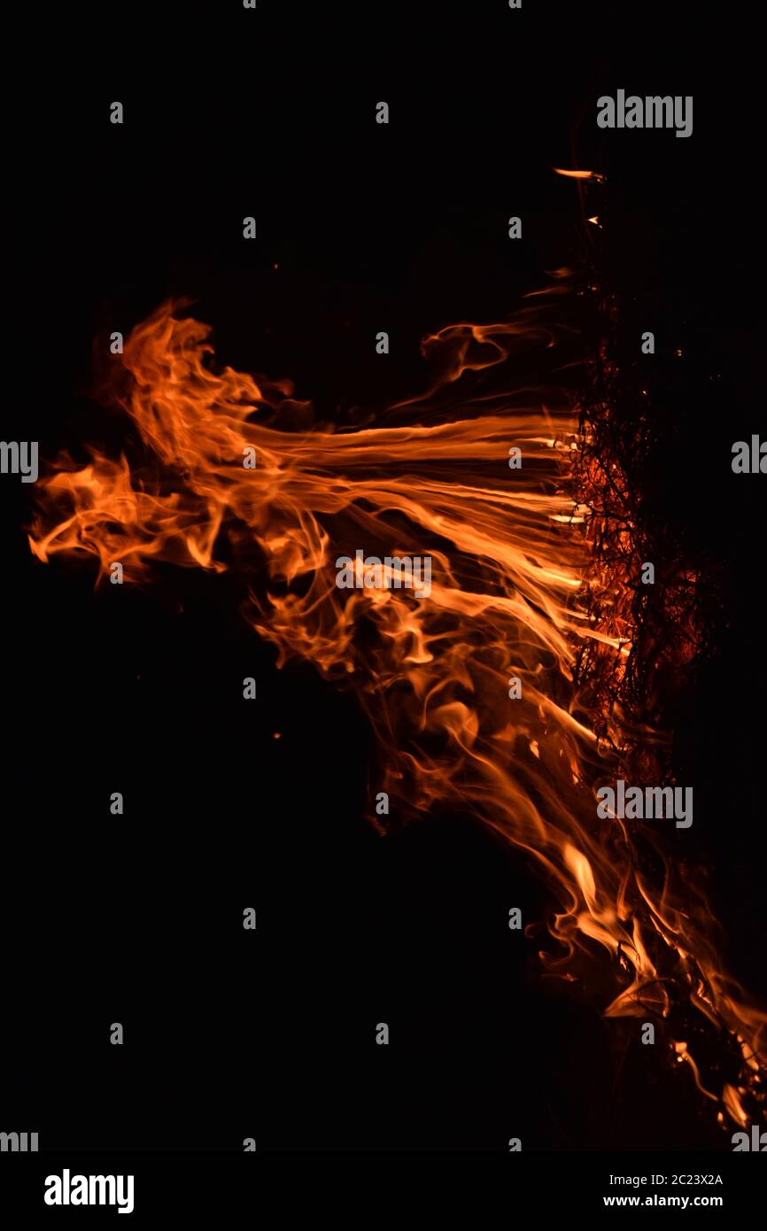Fire. Burning of rice straw at night Stock Photo - Alamy