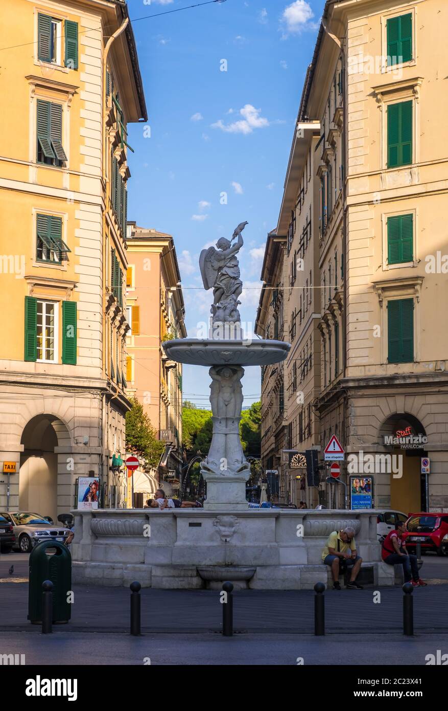 Genoa, Italy - August 20, 2019: The fountain of the Genio Marino, made ...