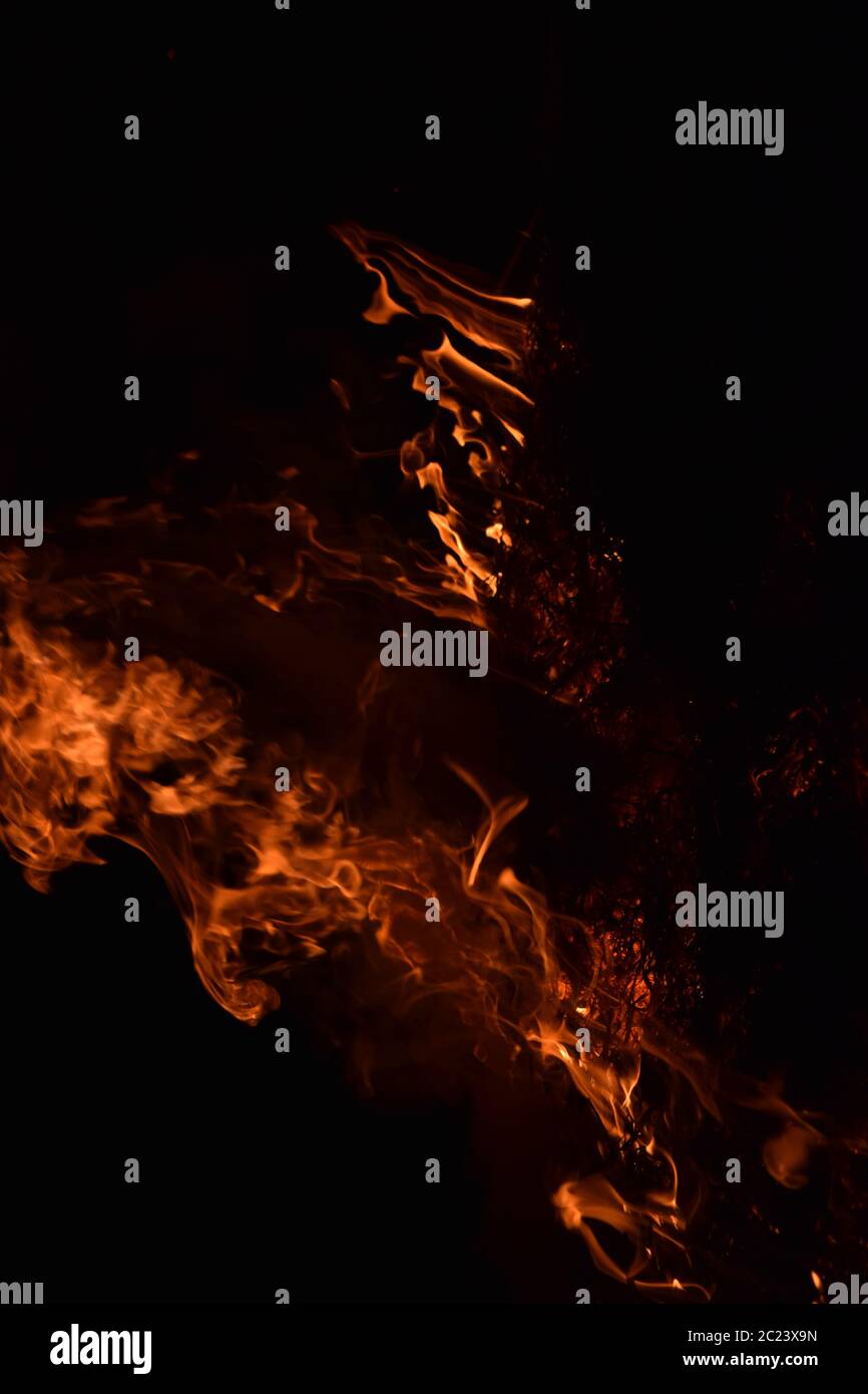 Fire. Burning of rice straw at night Stock Photo - Alamy