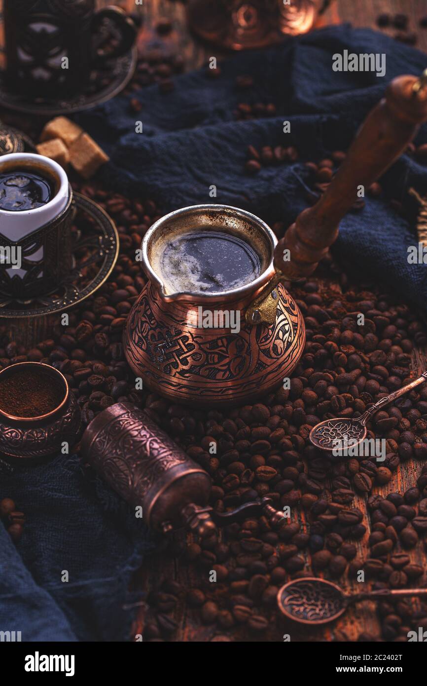 Turkish copper coffee pot (Cezve), vintage coffee grinder, cup and ...