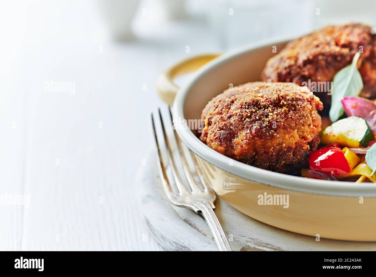 Fried Breaded Meatballs with Pappardelle Pasta, Vegetables and fresh ...