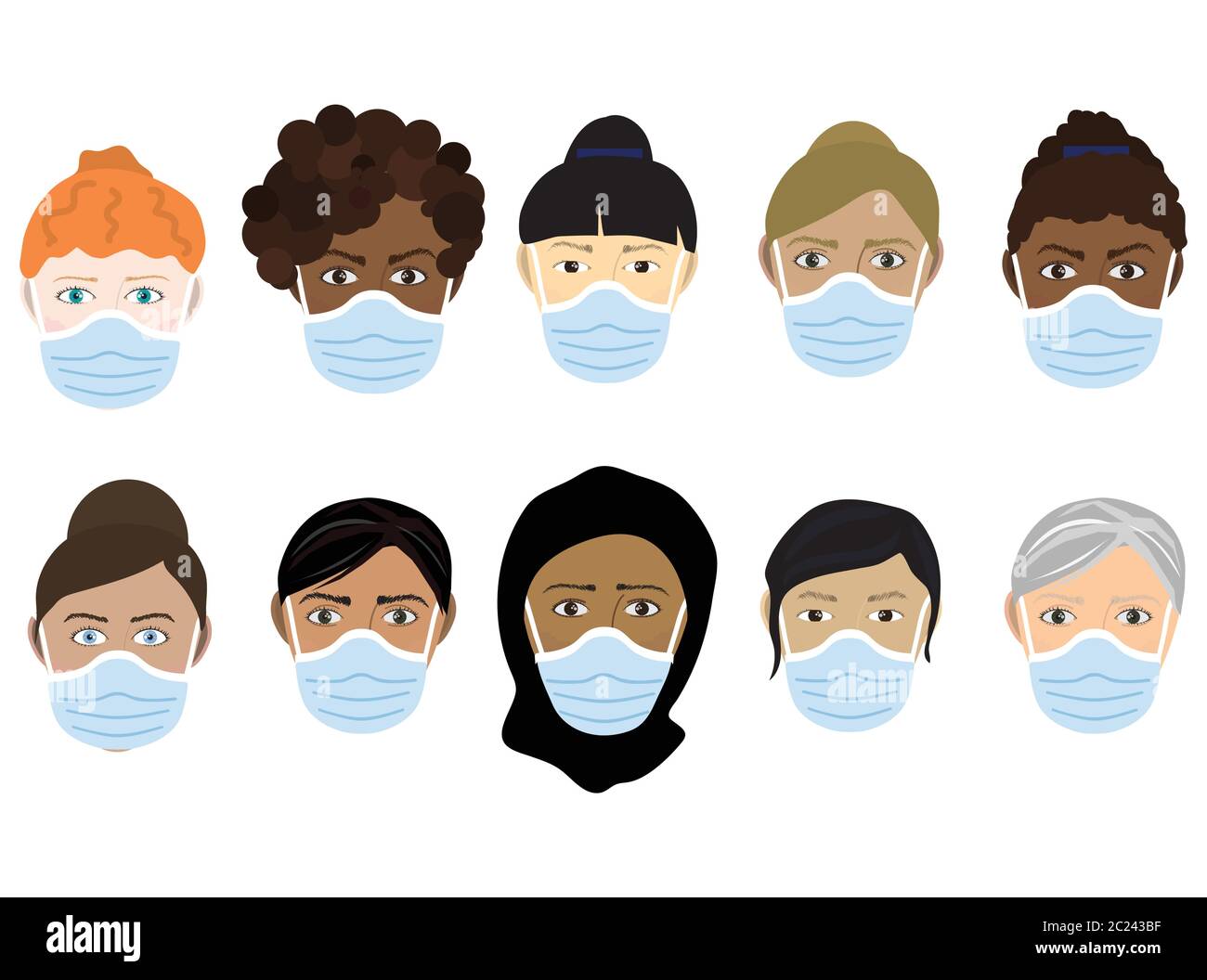 Selection of women character faces wearing surgical face masks Stock ...