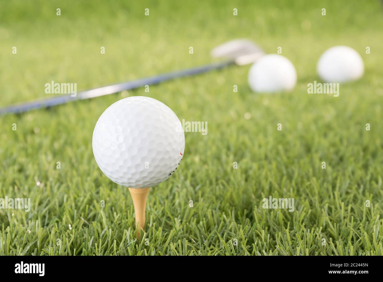 Golf ball sitting on tee putting in golf course. Golf ball on tee ready ...