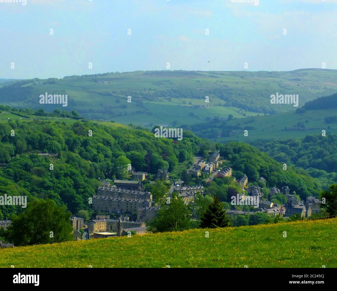 the town of hebden bridge visible at the bottom of the calder valley ...