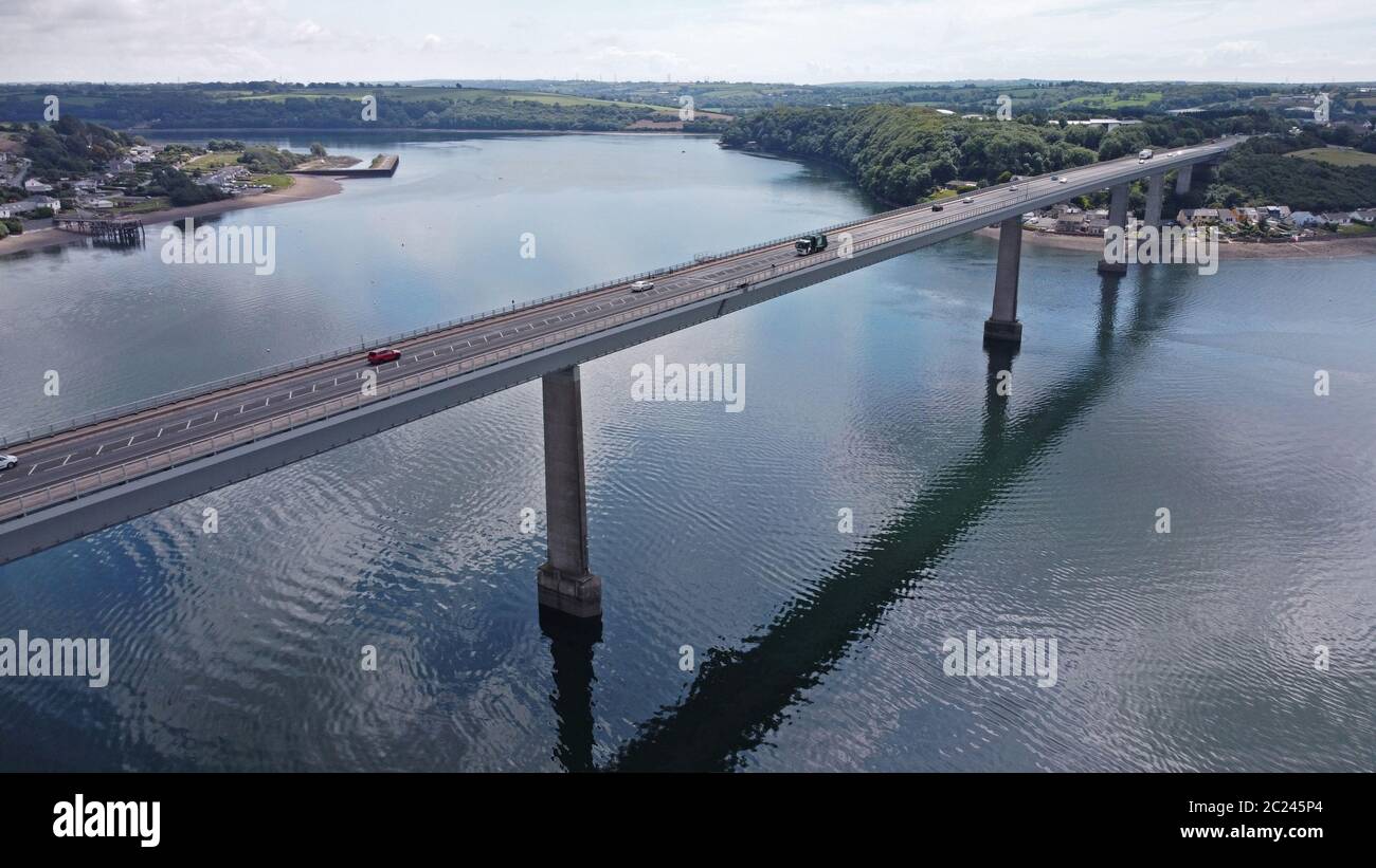 Aerial View of Cleddau Bridge over Cleddau Estuary, Pembrock Dock ...