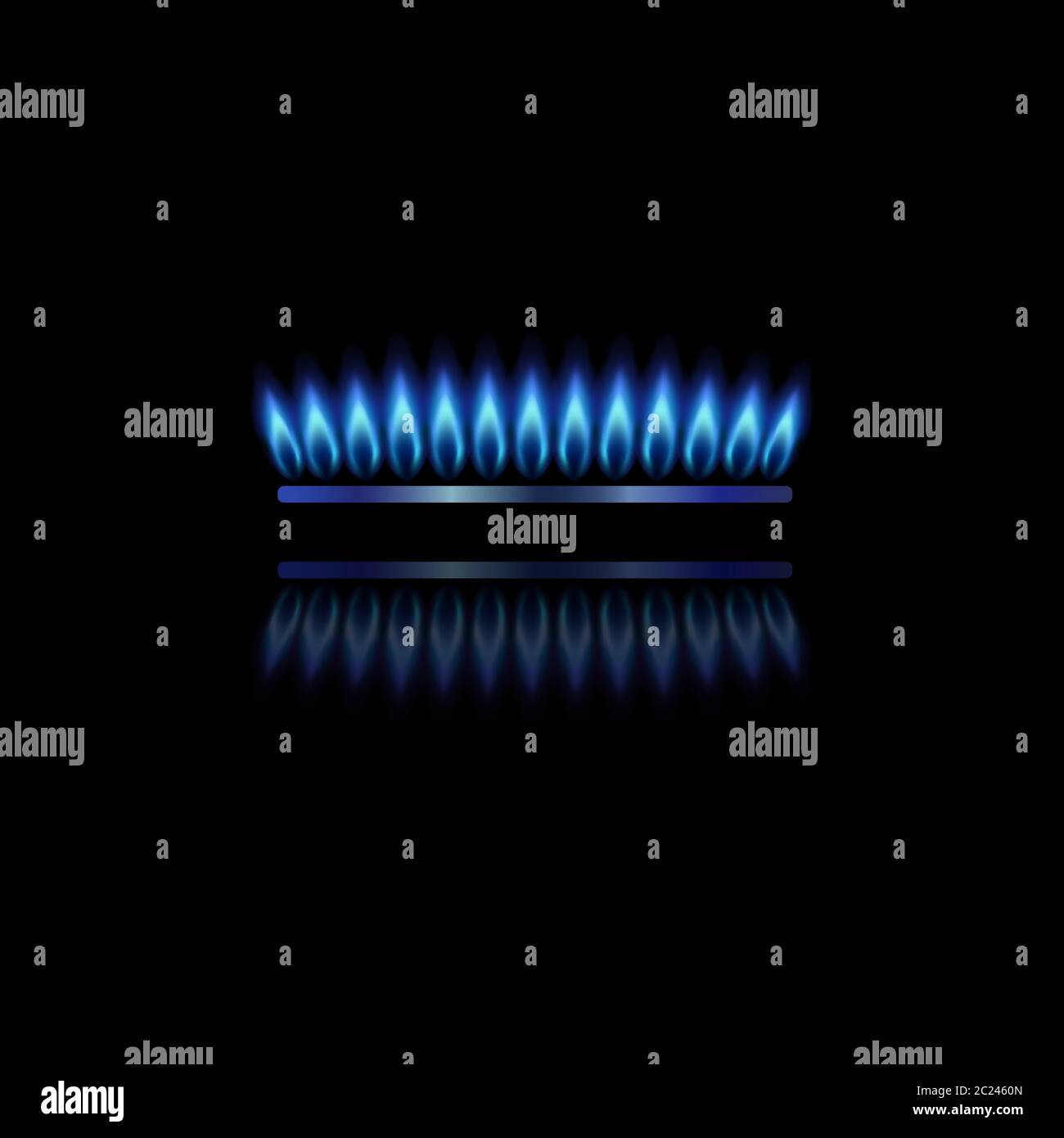 Modern gas burner with blue flame and reflection. Front view gas burner ...