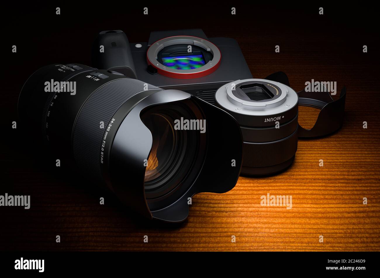 Digital camera body with photo lens on wooden table, 3D rendering Stock ...