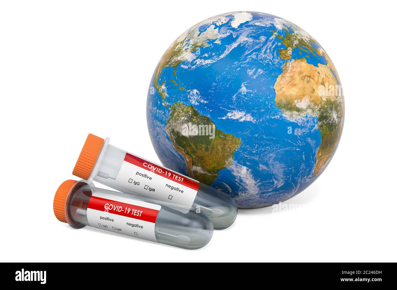 COVID-19, test tubes with Earth Globe. Coronavirus testing concept, 3D ...