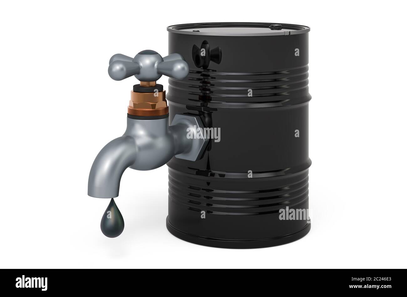Oil barrel and tap. Crude oil production concept, 3D rendering isolated ...