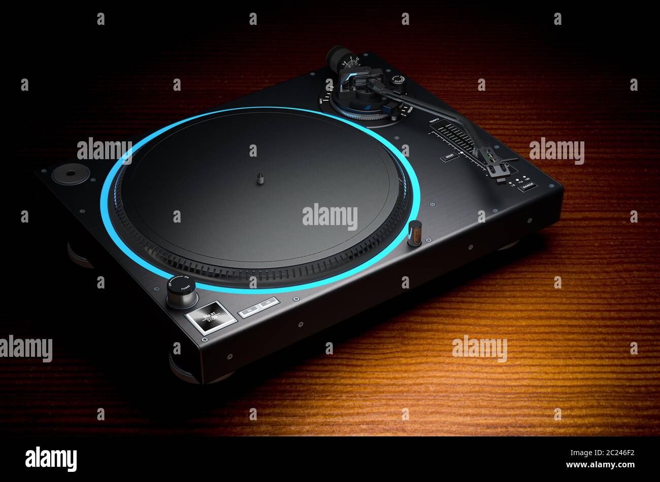 Phonograph Turntable on dark wooden table, 3D rendering Stock Photo - Alamy