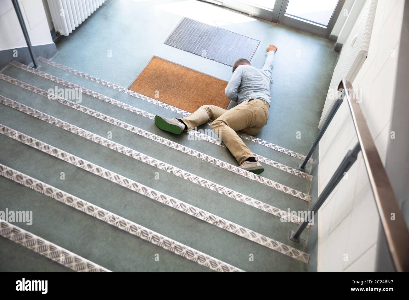 Unconscious Man Lying On Staircase After Slip And Fall Accident Stock ...