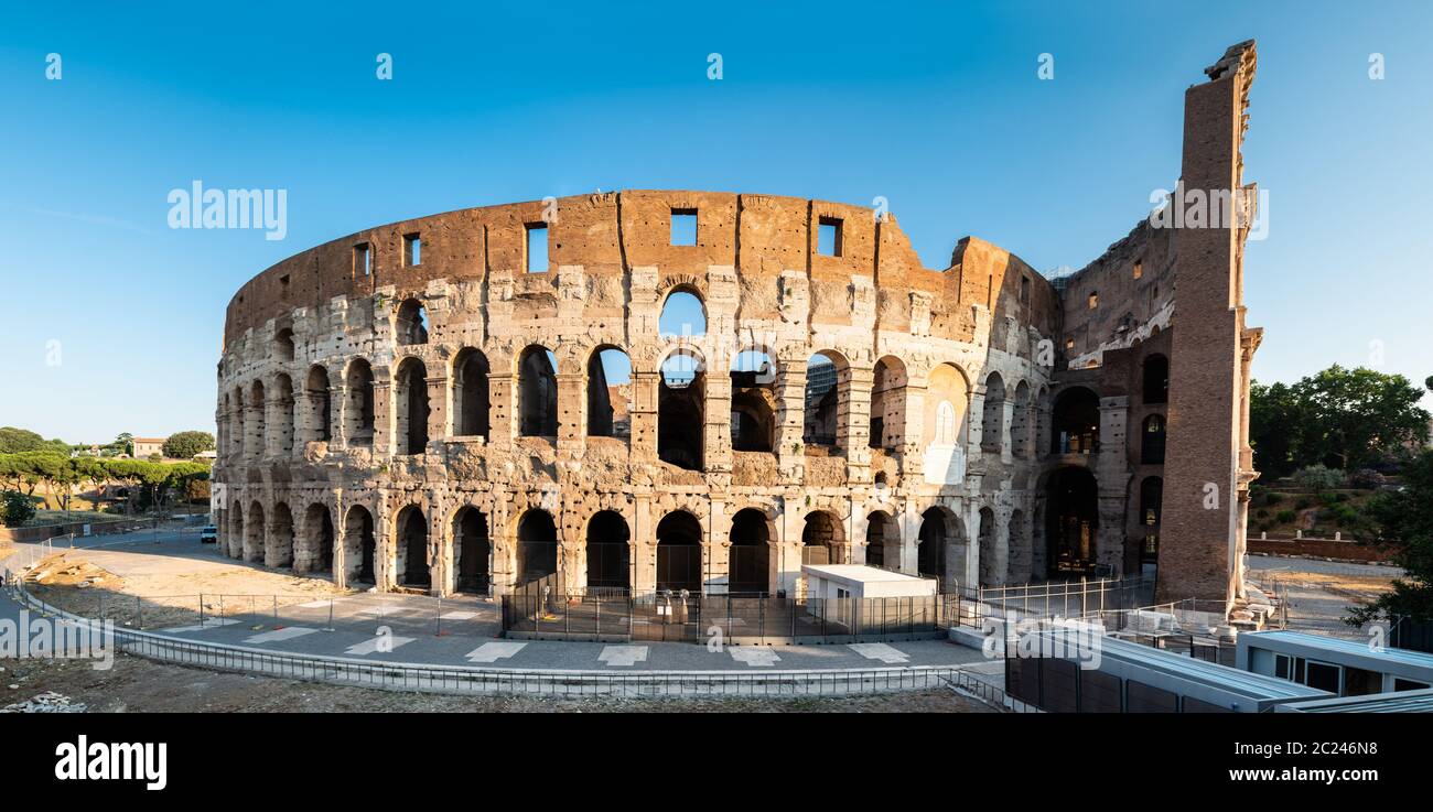 Panorama Of Colosseum Exterior At Sunrise In Rome, Italy Stock Photo ...
