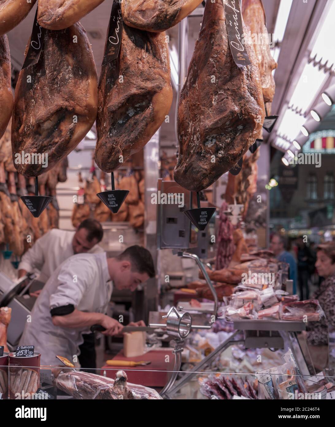 Jamon ham store in Valencia Central Market or Mercat Central, Valencia ...
