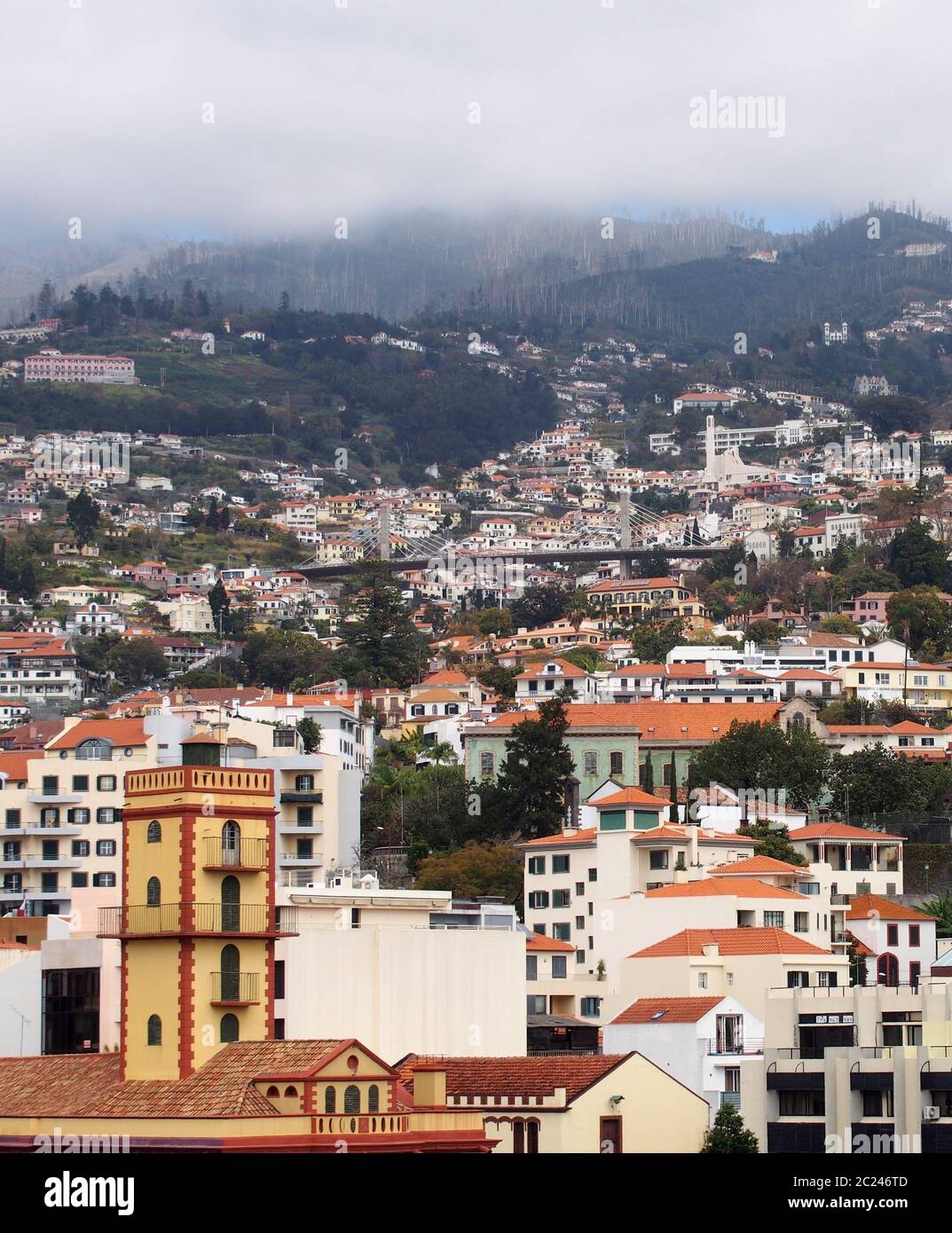 a view of the city of funchal in madeira with old church and houses ...