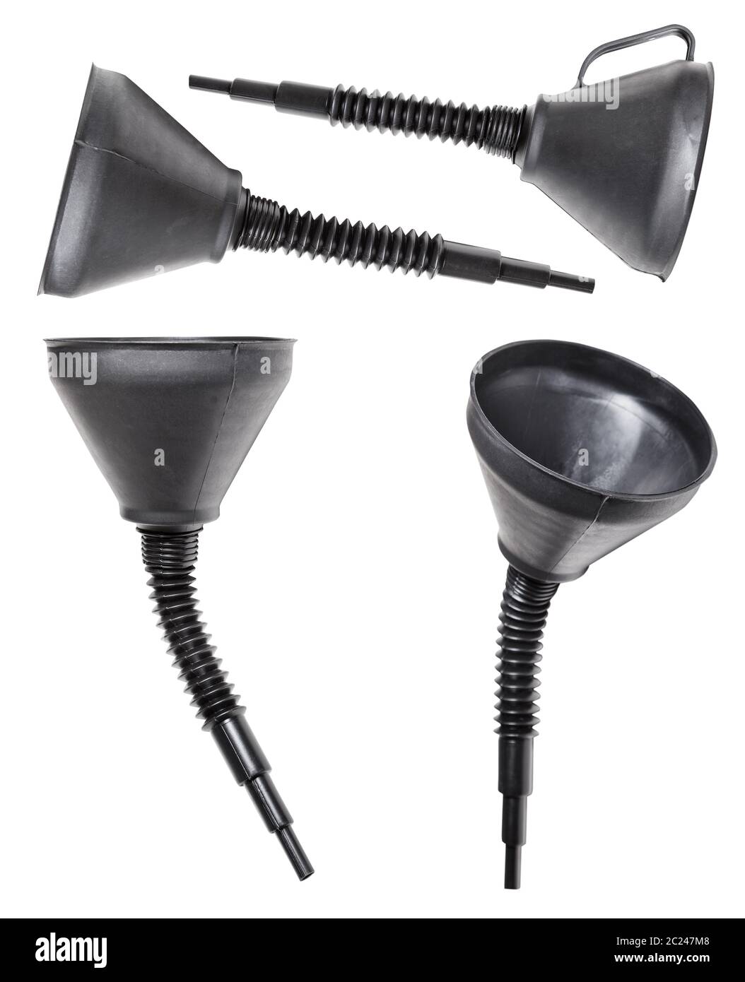 set from wide black plastic funnels with flexible spout isolated on ...