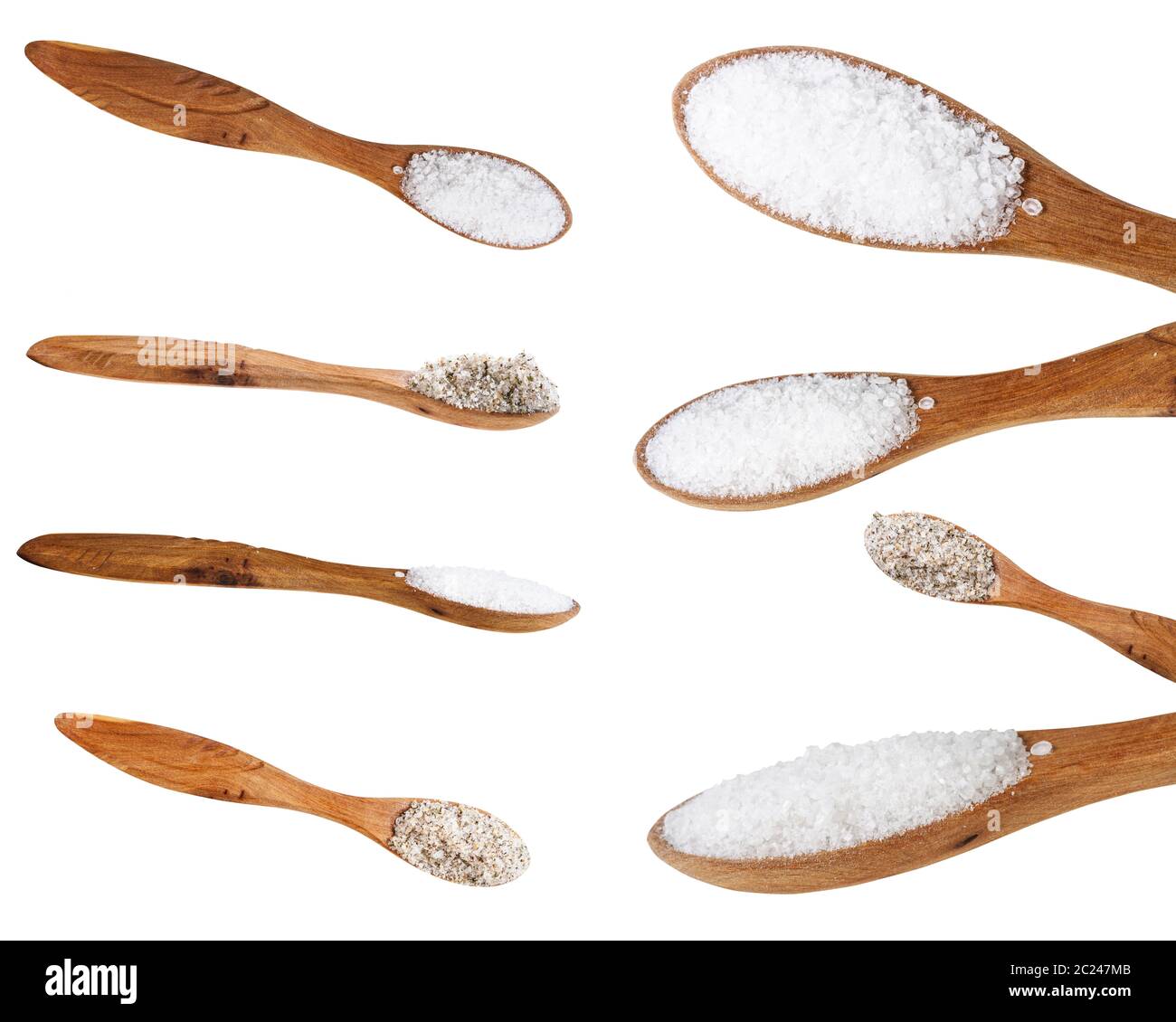 collage from little wooden spoon with various salts isolated on white ...