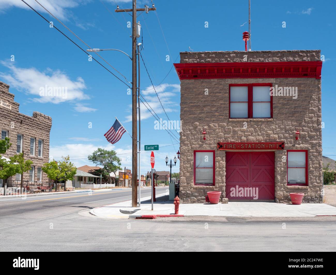 Goldfield, Nevada, 13 June 2020: Historic stone fire station street ...