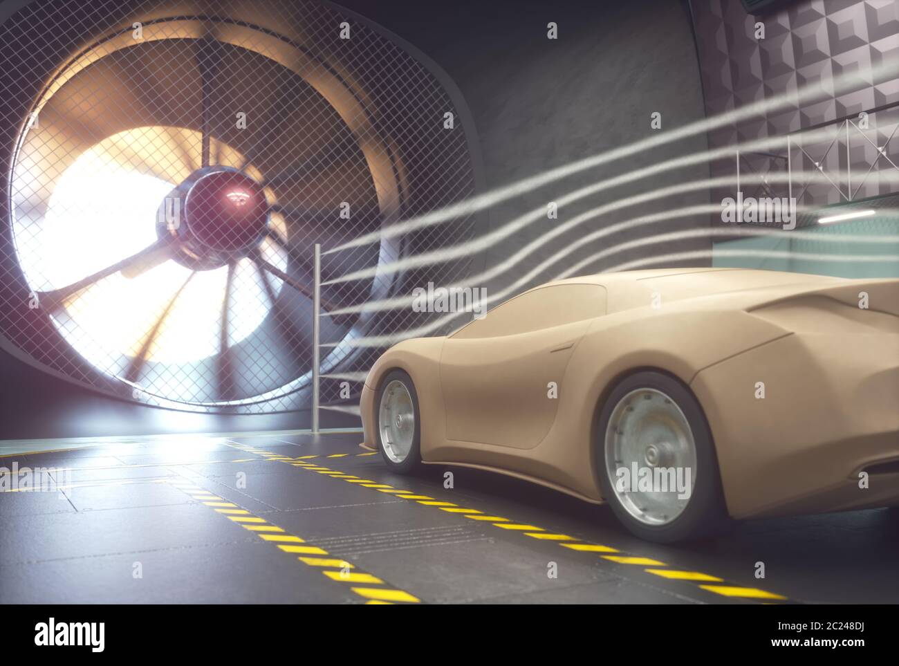 3D illustration. Clay car inside wind tunnel. Design without real car ...