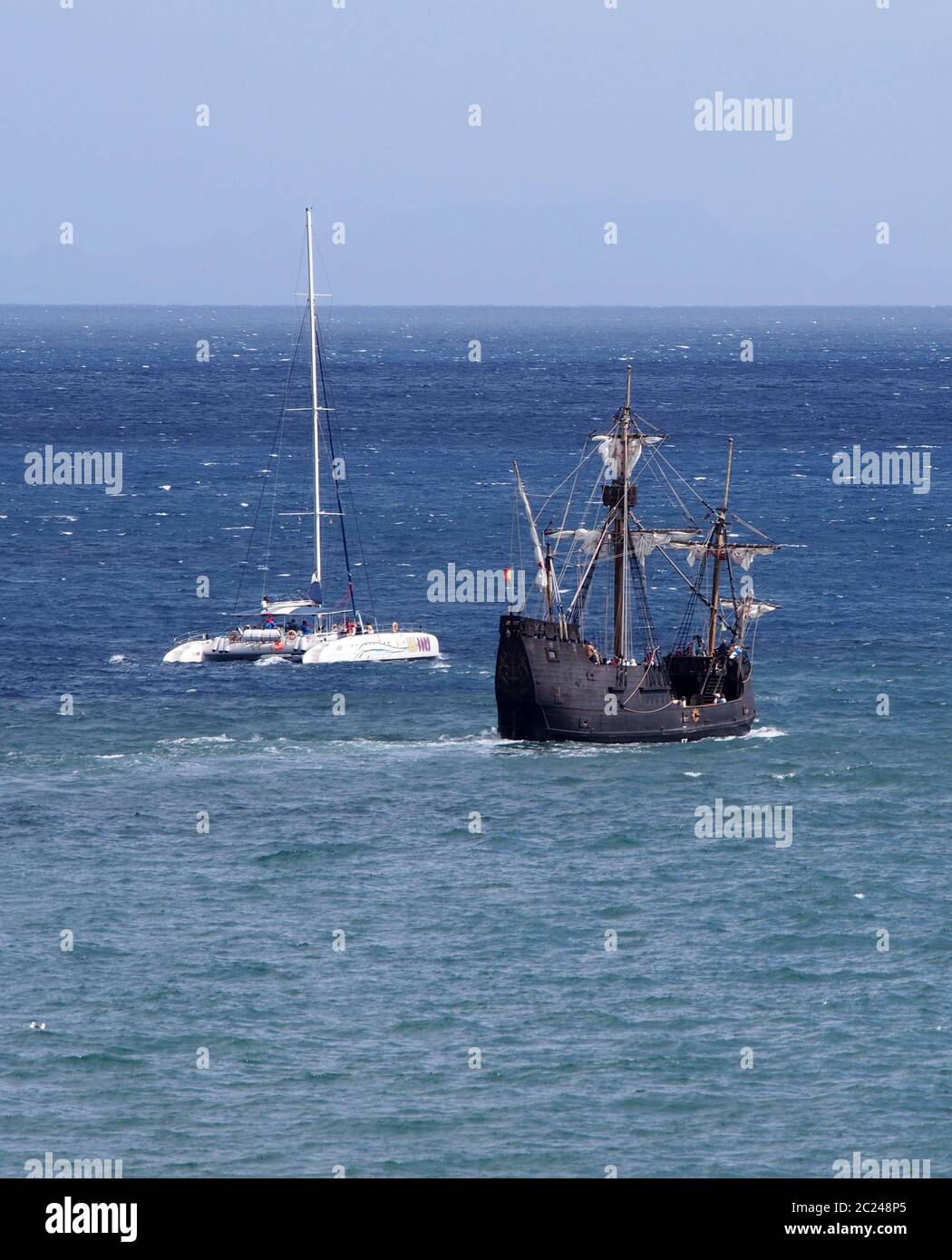 the replica santa maria sailing ship leaving funchal in madeira with a ...