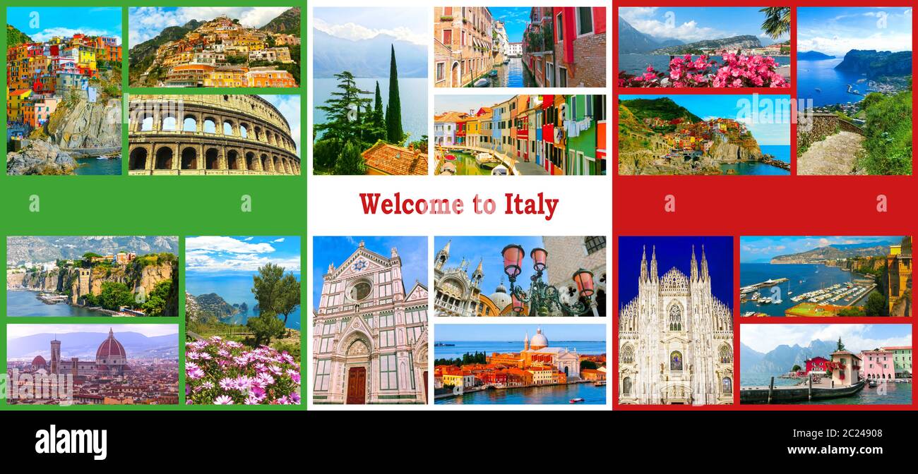 Collage of major Italian travel destinations from photos of Italy. The ...