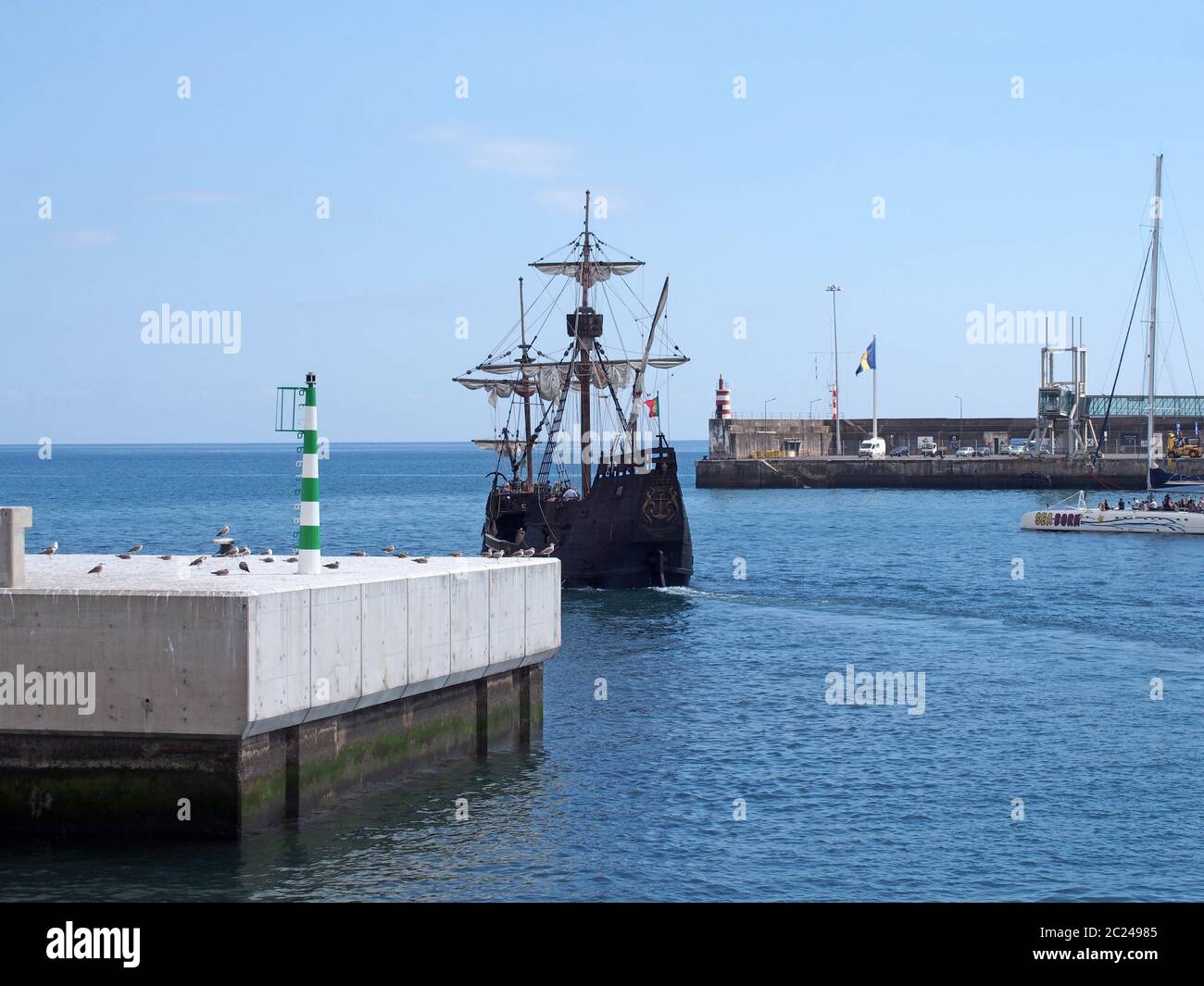 the replica santa maria sailing ship leaving funchal harbor for a ...