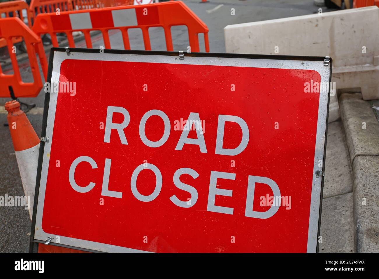 Road Closed Warning Red Sign Information Stock Photo - Alamy