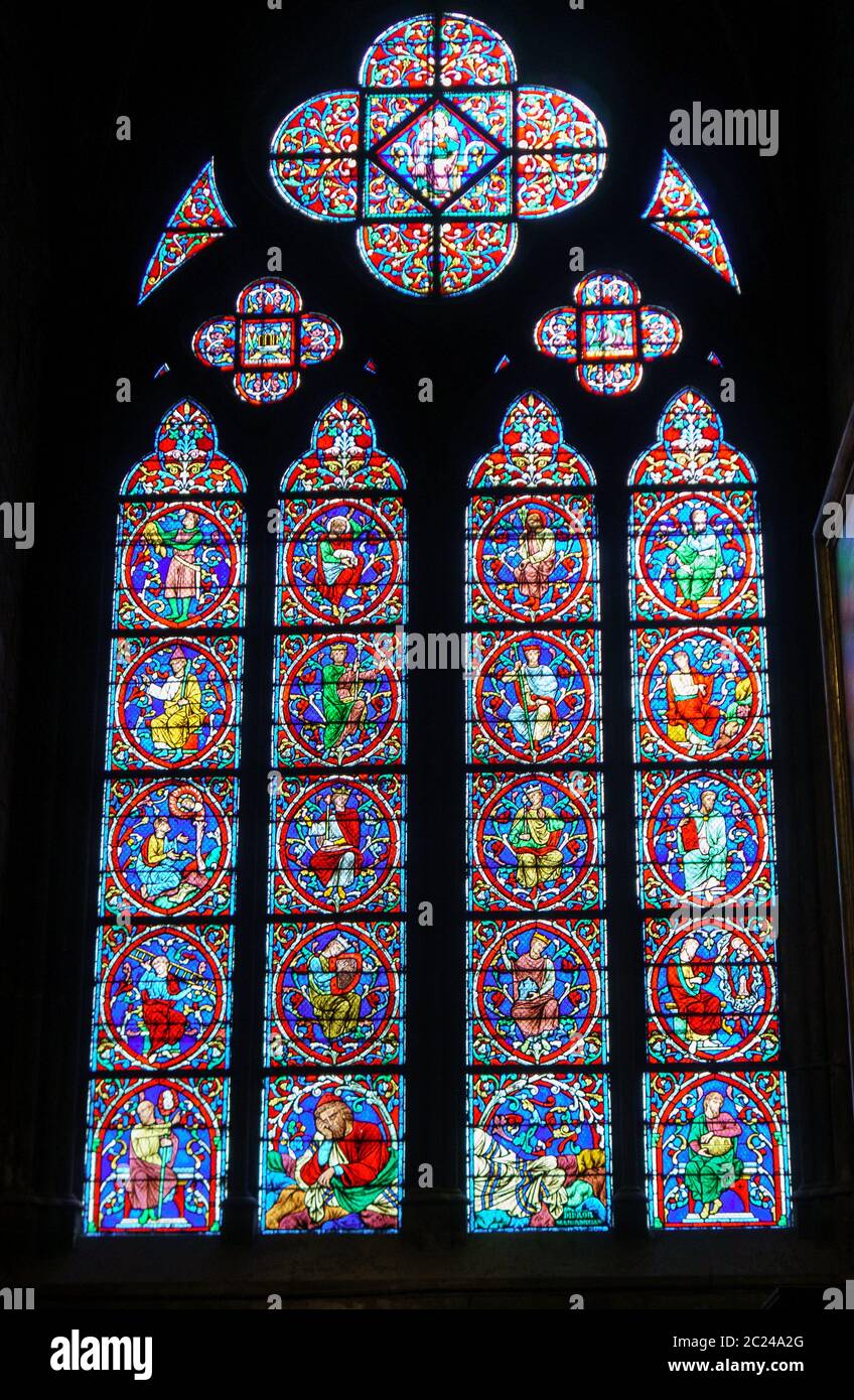 Paris, France, March 27, 2017: Stained glass window at Notre Dame ...