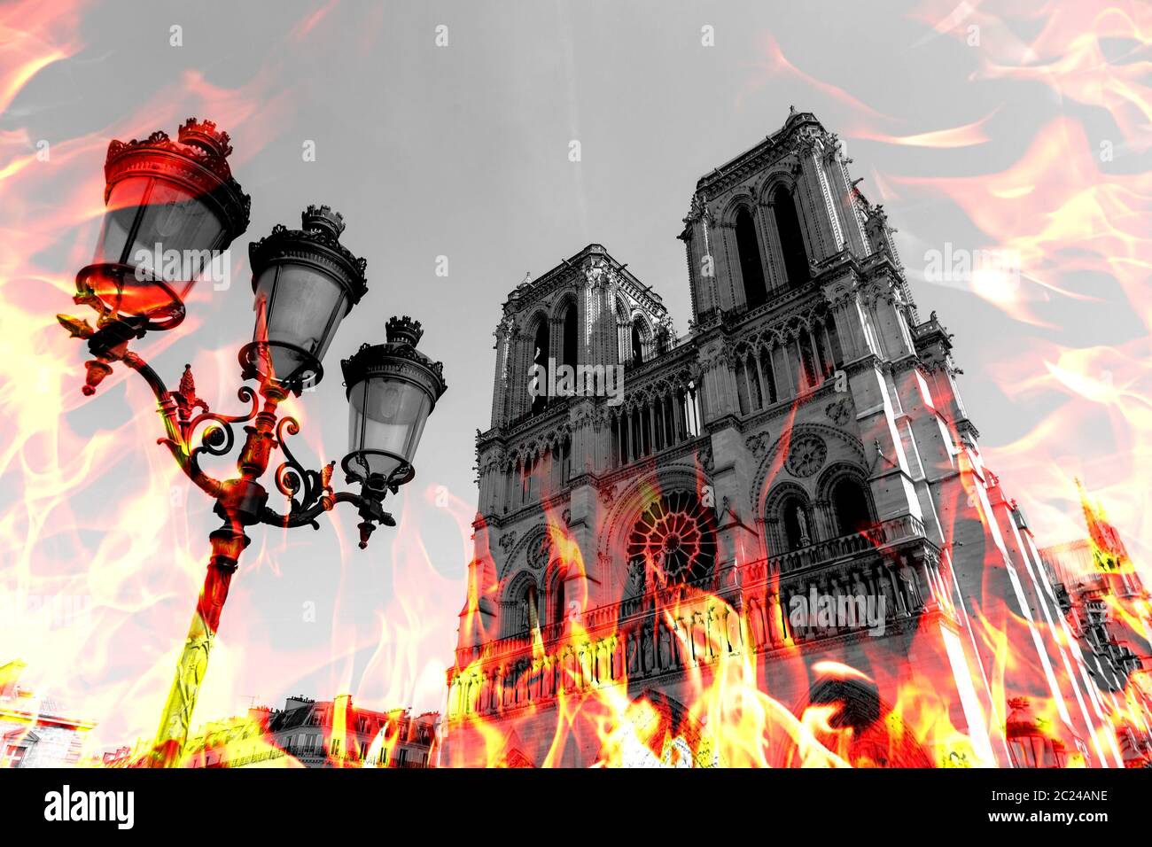 Notre Dame Cathedral burning by massive fire, representation. Notre ...