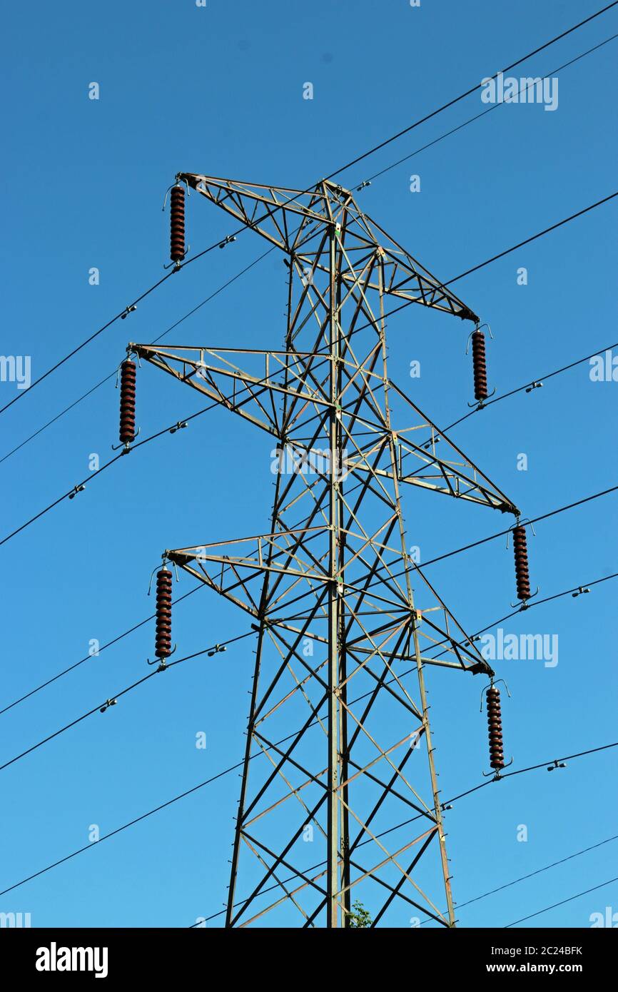 High voltage electricity pylon or power transmission tower with cables ...