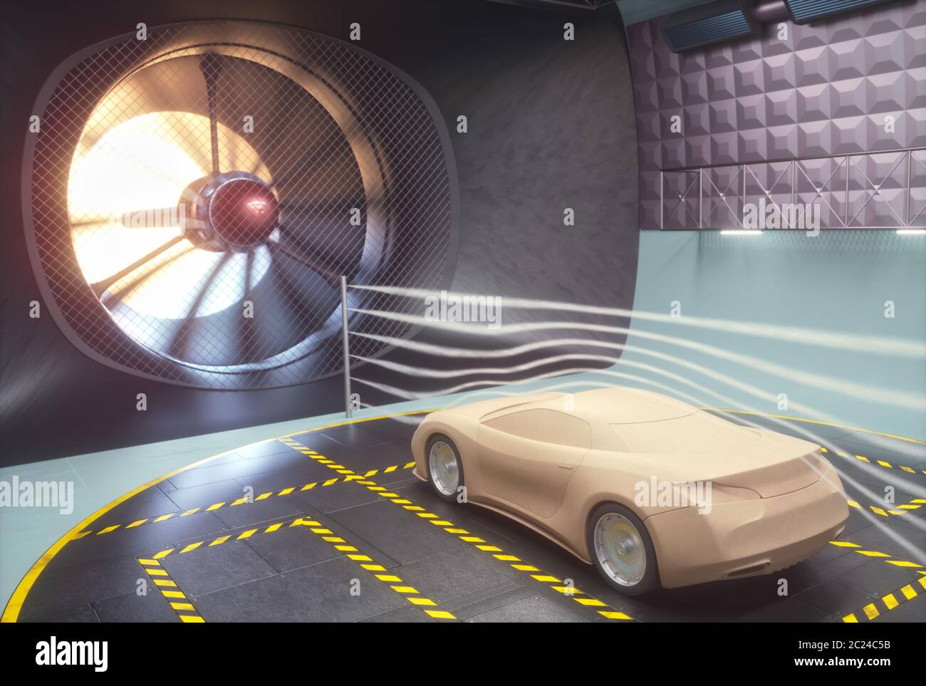 3D illustration. Clay car inside wind tunnel. Design without real car ...