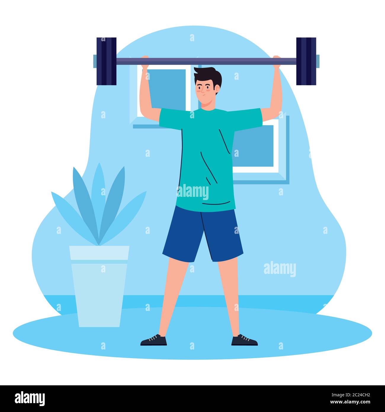 exercise at home, man lifting weights, using the house as a gym Stock ...