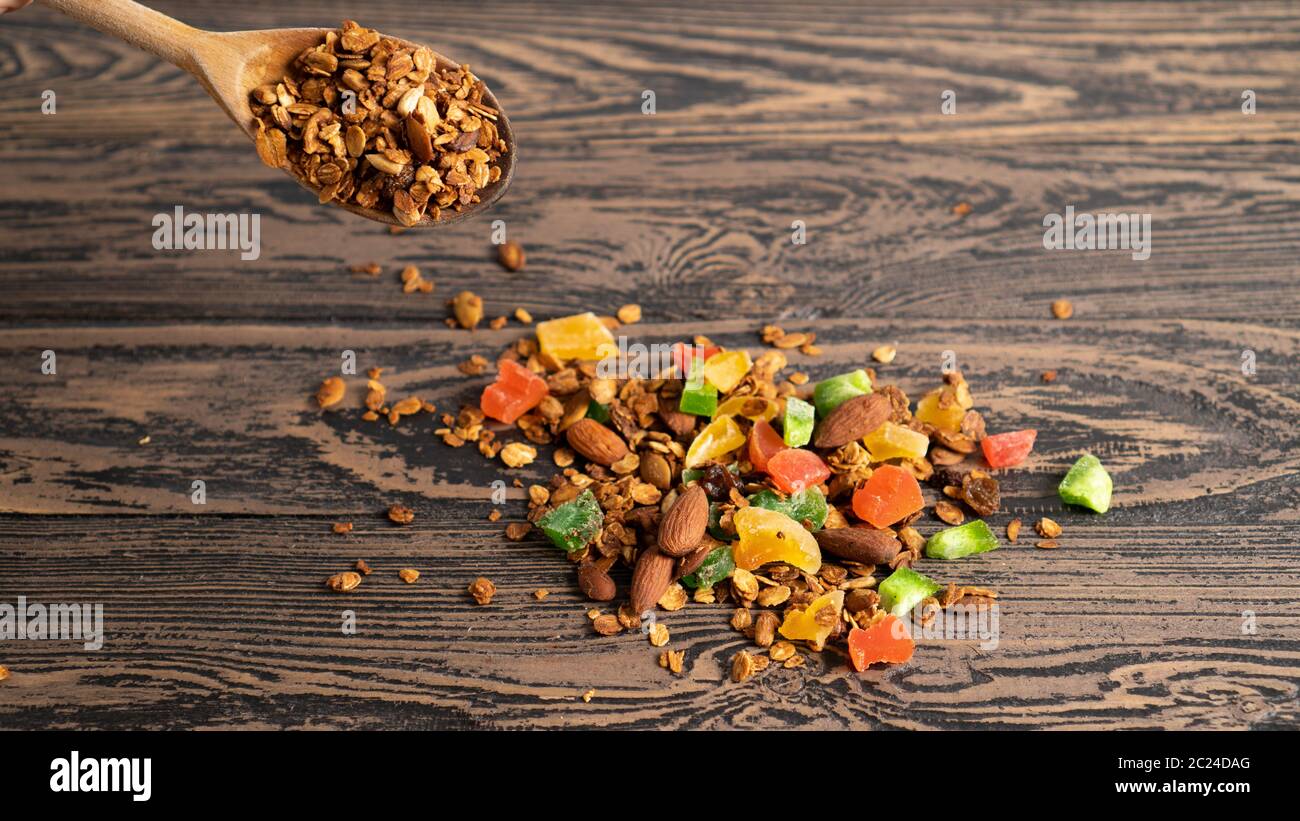Baked flakes are scattered on the table. Concept of a healthy, hearty ...