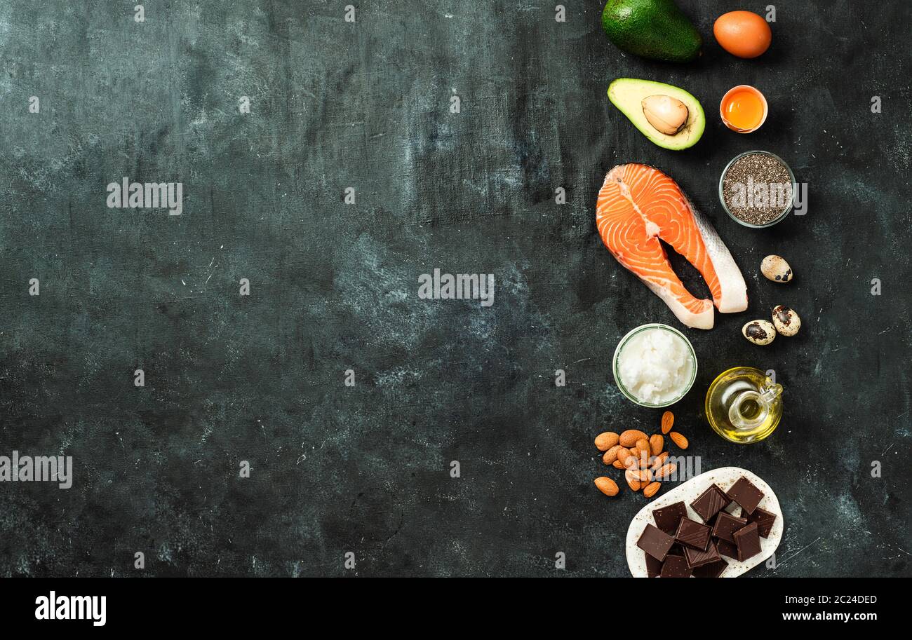 Healthy fats sources concept. Different food ingredients rich good ...