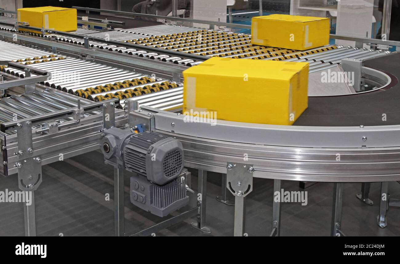 Automated Sorting Packages at Conveyor System Distribution Stock Photo ...