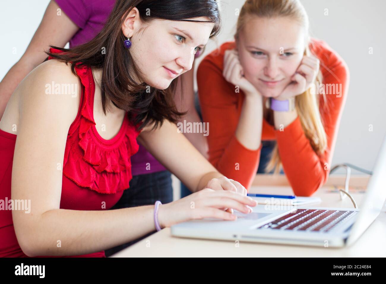 Group of female college students working on their homework/having a ...