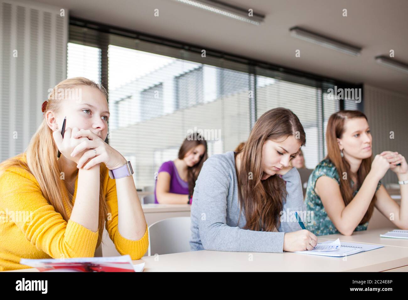 Students in classroom - young pretty female college student sitting in ...